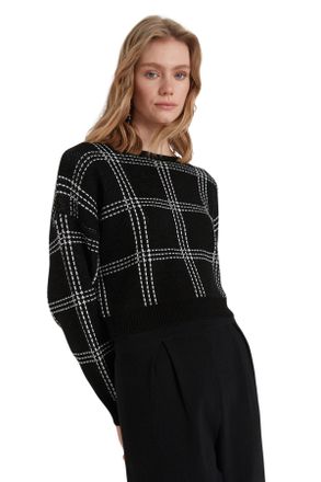 Trendyol Trendyol Damen Regular Sweater mit Rundhalsausschnitt, gestreift Sweatshirt, Schwarz, Small