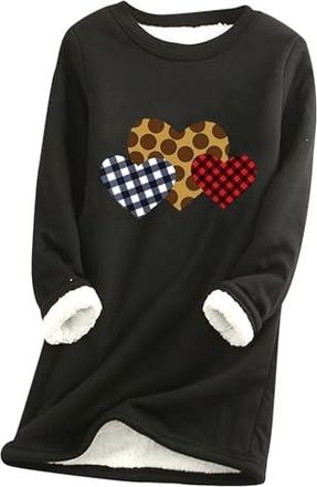 Generic Sweat-shirt long &agrave; col rond et col rond avec motif imprim&eacute; en forme de coeur d&eacute;contract&eacute; en polaire chaude pour lautomne et lhiver 2026, Noir, 3XL