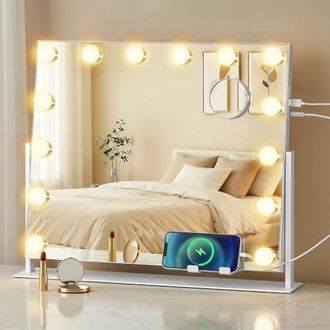 Songmics Schminkspiegel mit Beleuchtung, Kosmetikspiegel mit 14 LED-Gl&uuml;hbirnen, mit Ladeanschl&uuml;ssen, Touch-Steuerung, 3 Lichtfarben, dimmbar, Handyhalter, 50 x