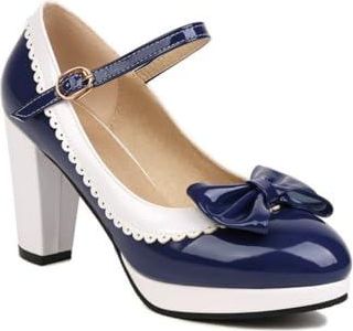 Generic Femmes Vintage Mary Jane Chaussures Chunky Bloc Talon Robe Pompes Arc Rétro Talons De Mariée,Royal Blue,47 EU