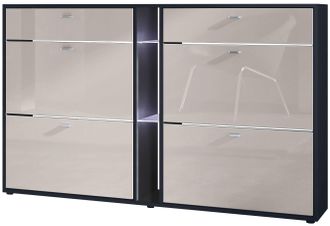 Vladon Schuhschrank Schuhkipper Today 155,5 x 95 x 28 cm, mit wei&szlig;er LED Beleuchtung, Made in Germany, Korpus in Schwarz matt, Fronten in Sandgrau Hochglanz