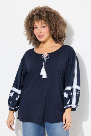 Ulla Popken Druckbluse Bluse Stickerei Tunika-Ausschnitt Langarm