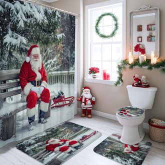 Generic Weihnachtsmann-Duschvorhang-Set, weihnachtlich, festlich, Schnee, Winter, Bäume, Weihnachten, waschbar, mit Haken, Badezimmertuch, Duschvorhang und Te