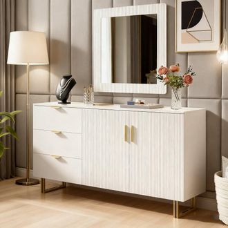 Generic Spiegel- & Sideboard-Set in Wei&szlig; & Gold - Quadratischer Wandspiegel 80x80 cm & Sideboard mit 3 Schubladen & 2 T&uuml;ren - Modernes Set