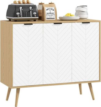 HOMCOM Homcom - Buffet design scandinave 3 portes 2 étagères piètement bois de pin panneaux portes motif chevrons blanc aspect bois clair