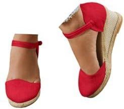 Generic Espadrilles compens&eacute;es pour femme en maille respirante &agrave; bout ferm&eacute; Chaussures dos nu Chaussures plates tendance avec sangle de cheville, c rouge, 39.
