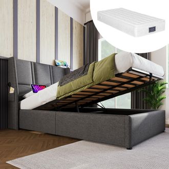 Generic Polsterbett Doppelbett mit hydraulischem Stauraum, USB Typ-C Anschlüssen, Seitentasche, gepolstertem Kopfteil, Holzlattenrost, Metallrahmen und Matrat