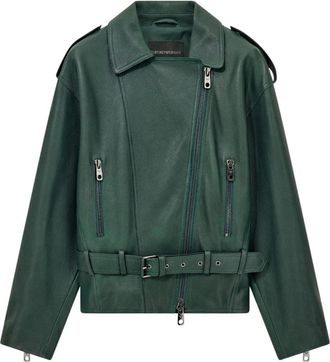 Emporio Armani G&uuml;rtel-Leder-Bikerjacke - - Jackets - Damen - Gr&uuml;n - M