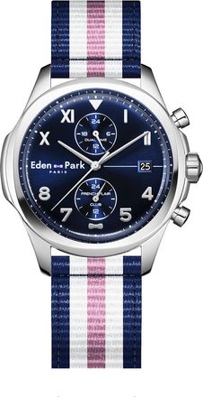 Eden Park Montre &Agrave; Quartz Chronographe Fond Bleu Bracelet Nato Ray&eacute; Tricolore