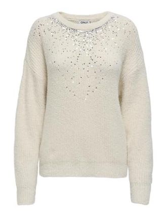 Only Onlclaris Ls Sequins O-Neck KNT Sweater, Bouleau/détail : argenté, S Femme
