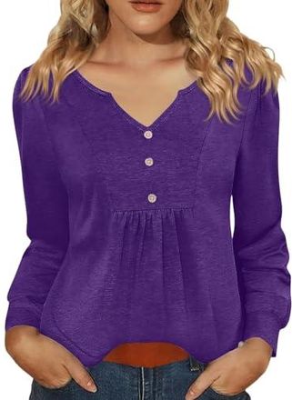 Generic Haut uni à manches longues pour femme - Facile à porter - Chemise à manches longues pour femme - Col en V - Chemisier daffaires - Coupe ample plissée 