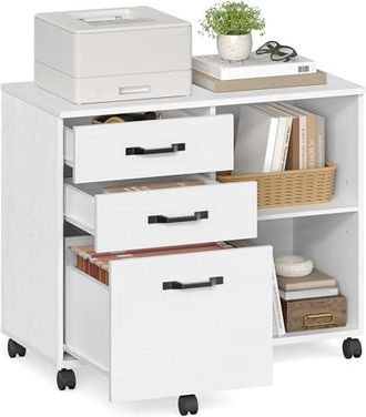 Vasagle Caisson, Support dImprimante Bureau, avec 3 Tiroirs, Meuble de Rangement Mobile, Compartiments Ouverts, pour Format A4, Documents, Style Industriel, B