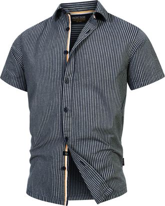 Indicode Herren INMaribo Kurzarmhemd aus Seersucker | Herrenhemd gestreift f&uuml;r M&auml;nner Dark Navy, XXL