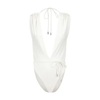 Saint Laurent Tief ausgeschnittener V-Halter Badeanzug - - Swimwear - Damen - Beige - M