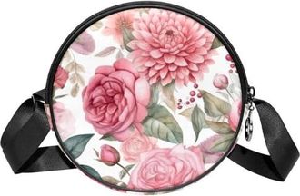 Generic Petit sac &agrave; bandouli&egrave;re circulaire pour femme, motif feuilles florales, sac &agrave; dos avec fermeture &eacute;clair, bretelles r&eacute;glables, sac &agrave; main rond d&eacute;contra