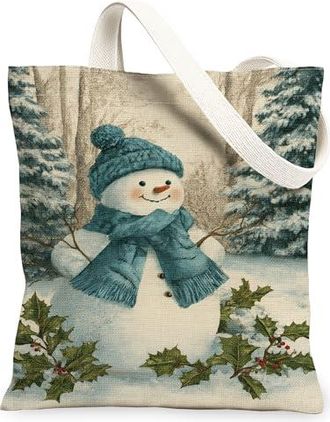 Generic Sacs fourre-tout en toile motif bonhomme de neige dhiver, sacs d&eacute;picerie r&eacute;utilisables, en lin rustique, l&eacute;ger, lavable, bleu sarcelle, 13x15 Inch