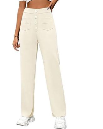 Generic Pantalon de travail extensible taille haute avec boutons pour femme, jambe droite, d&eacute;contract&eacute; et extensible, blanc, 4XL