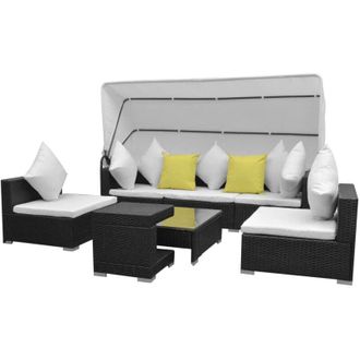 vidaXL Vidaxl - Salon de jardin 7 pcs avec baldaquin R&eacute;sine tress&eacute;e Noir