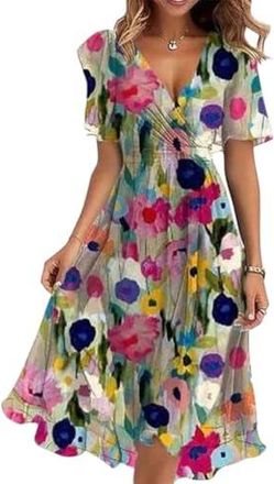 Onsoyours Femme Été Robe en Mousseline Col en V Élégant Au Genou Cocktail Soirée Robes Manches Courtes À Fleur Imprimé Mariage Invités Festival Dress A Ligne Lo