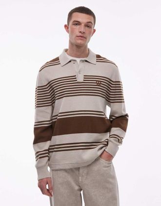 Wood Wood Curt - Lang&auml;rmliges, gestreiftes Polohemd in Beige und Braun-Bunt