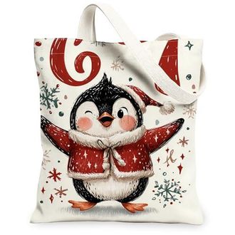 Generic Sacs fourre-tout en toile motif pingouin de No&euml;l, sacs d&eacute;picerie r&eacute;utilisables, vintage, l&eacute;gers, lavables avec bandouli&egrave;re F, blanc, 13x15 Inch