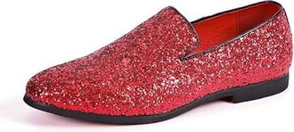 Generic Mocassins pour homme à bout pointu en cuir PU brillant, antidérapants, talon plat, souple, pour bal de fin dannée, décontracté, Rouge, 39 1/3 EU