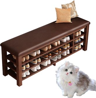 Generic Kleine Schuhbank für den Eingangsbereich, Schuhregal aus Massivholz mit Kissen, Sitzbank für den Eingangsbereich, Flurschrank-Organizer braun 100cm