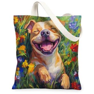 Generic Sac fourre-tout en toile motif chien Pitbull printanier pour faire du shopping, 33 x 38,1 cm, sac d&eacute;picerie r&eacute;utilisable pour femme, motif animal de c