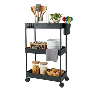 Relaxdays Rollwagen, 3 Etagen, Servierwagen, K&uuml;chenwagen Bad & B&uuml;ro, Rollregal, HBT: 62,5x40x22 cm, Bastelwagen, schwarz