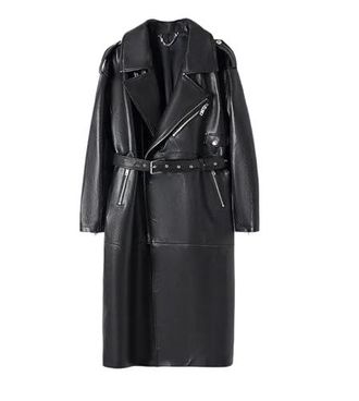 Generic Trench-coat long en cuir v&eacute;ritable pour femme - revers crant&eacute; l&acirc;che fermeture &eacute;clair lacets ceinture moto v&ecirc;tements dext&eacute;rieur, Noir, M