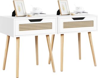 Yaheetech Nachttisch 2er Set Beistelltisch Rattan Nachtkommode mit Schublade Schlichter Boxspringbett Nachtschrank Holzbeine Sofatisch Nachtkonsole 48,5 cm L × 