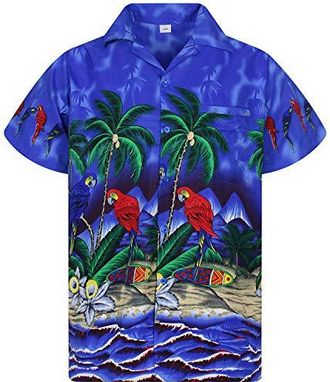 V.H.O. Funky Chemise-Hawaienne, Manche-Courte, Parrot, Bleu-Foncé, 3XL