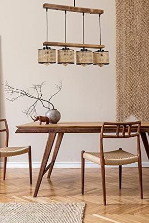Opviq Rustic Wooden Chandelier, Vintage Color, 15 cm Diameter, 80 cm Height, Adjustable, E27 Socket, Max 40W, Electrostatic Oven Dried Paint | Perfect for S