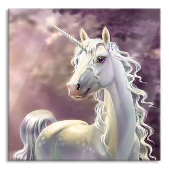 Pixxprint Glasbild, Wandbild auf Echtglas, Magisches Einhorn im Zauberwald, 40x40 cm, inkl. Aufh&auml;ngung und Abstandshalter