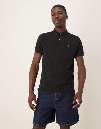 Polo Ralph Lauren Custom-Slim-Fit-Polohemd aus Pikee in Schwarz mit Markenlogo