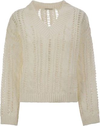 Brunello Cucinelli Femme, Pulls, Beige, Taille: 42 FR Pull en maille ajour&eacute;e &agrave; col en V