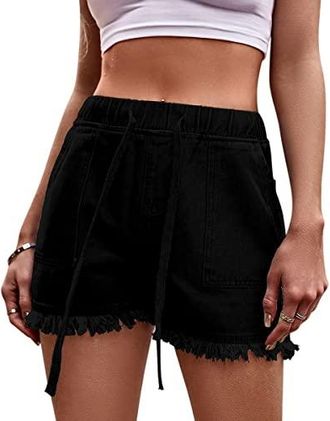 ORANDESIGNE Short en Jean Femme Taille Haute Pantalon Court Été Chic Et Elegant Shorts Denim Casual Mode Ample Bermuda en Jean Pants Pantalon Frange Noir XXL
