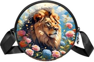 Generic Petit sac &agrave; bandouli&egrave;re circulaire pour femme, motif fleur de lion, sac &agrave; dos avec fermeture &eacute;clair, bretelles r&eacute;glables, sac &agrave; main rond d&eacute;contract&eacute; 