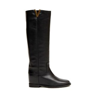 Via Roma 15 Schwarzer Lederstiefel mit goldenem V - - Shoes - Damen - Schwarzk - 40 EU