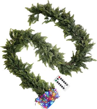 Generic Artificial Cedar Christmas Garland with Remote LED Light Strip, 8.8Ft Green Fairy Light Garland Decoration for Indoor Outdoor Front Door Wreaths Wall 