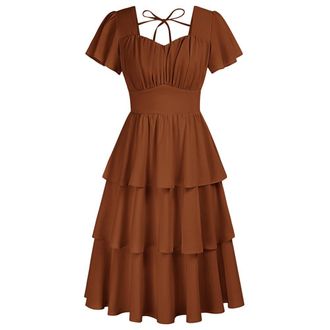 Belle Poque Damen Lotusblatt-Kurzarm-Chiffonkleid mit A-Saum und Herzkragen Braun (131 Dunkelbraun) L