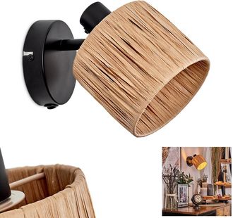 HOFSTEIN Wandleuchte Granja, verstellbare Wandlampe aus Metall/Bast in Schwarz/Natur, Leuchte im modernen Design mit verstellbarem Schirm (Ø 12 cm), 1-flammig,