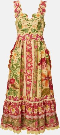 Farm Rio Midikleid Stitched Garden aus einem Leinengemisch