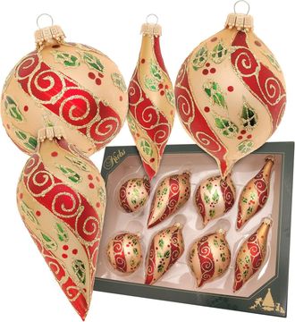 Krebs Glas Lauscha Weihnachtsdekoration/Christbaumschmuck aus Glas - Kugeln und Tropfen Formenset mit Ilex & Streifen Dekor - Farbe: Chiffon Gold - Gr&ouml;&szlig;e: ca. 7-10 cm