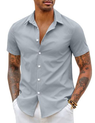 Coofandy Kurzarmhemd Herren Hemd Kurzarm Sommer Business Hemd Strandhemd Einfarbig Freizeithemd Sommerhemd Herrenhemd Kurzarm Basic Shirt Hellblau 3XL