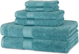 Amazon Basics Serviettes de 2 Bain, 2 essuie-Mains et 2 Petites Serviettes en Coton, résistant à la décoloration, Lot de 6, Sarcelle