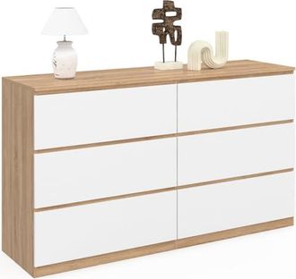 IDMarket Commode 6 tiroirs TOMI XXL 140 cm Bois fa&ccedil;on h&ecirc;tre et Blanc