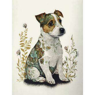 Artery8 Cute Jack Russel Dog Puppy and Flower Patterns Colour Pencil Illustration Art Print Canvas Premium Wall Decor Poster Mural