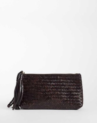 Mango pochette tiss&eacute;e 100 % cuir marron