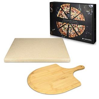 Navaris Pierre &agrave; Pizza avec Pelle - Kit Pierre Pizza Rectangulaire XL 38x30cm et Pelle en Bambou - Four Traditionnel Bois Barbecue Grill et Charbon